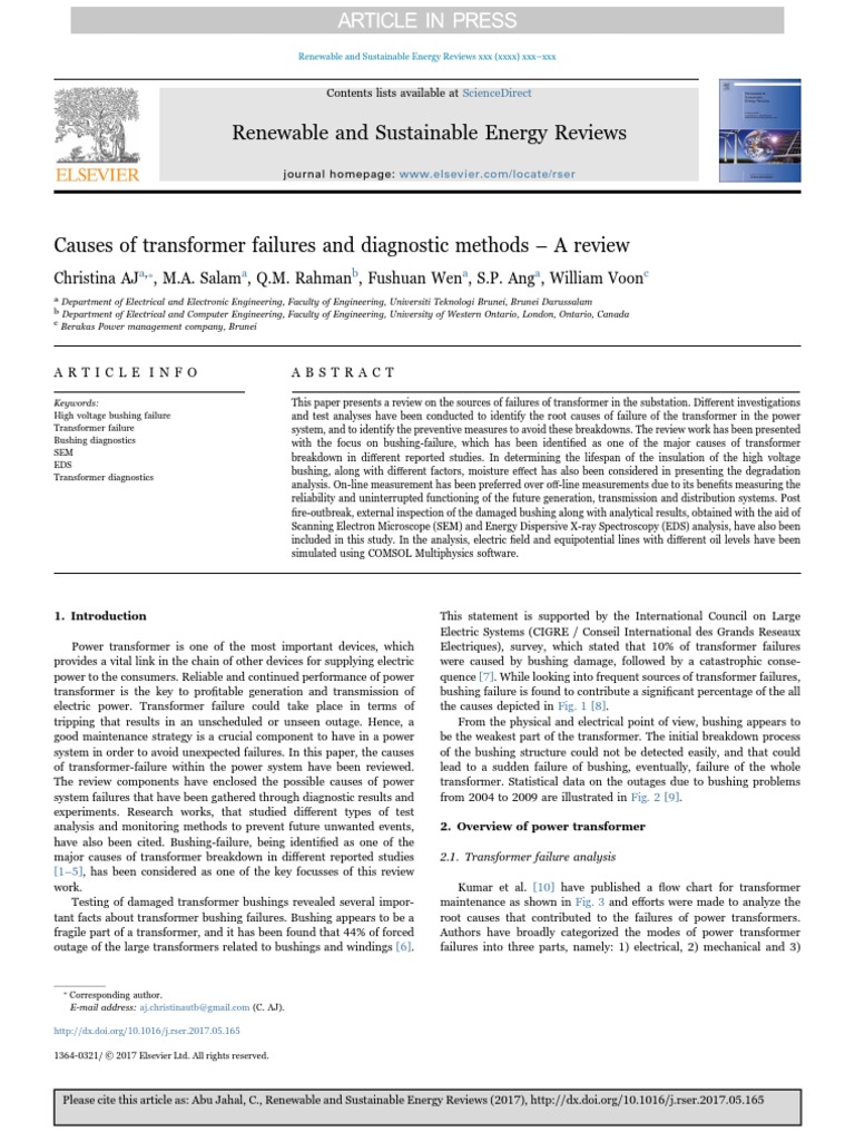 Causes of Transformer Failures and Diagnostic Methods - A Review PDF ...