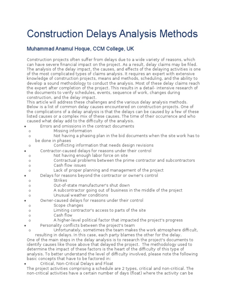 Delay Analysis Methods in Construction | PDF | Intelligence Analysis ...