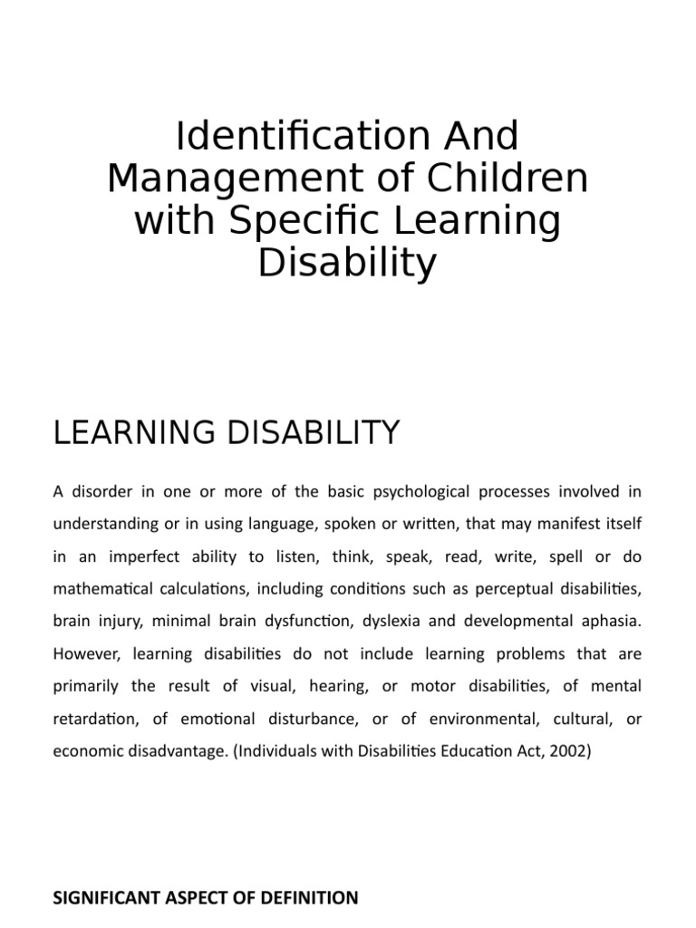 Identification and Management of Children With Specific Learning ...