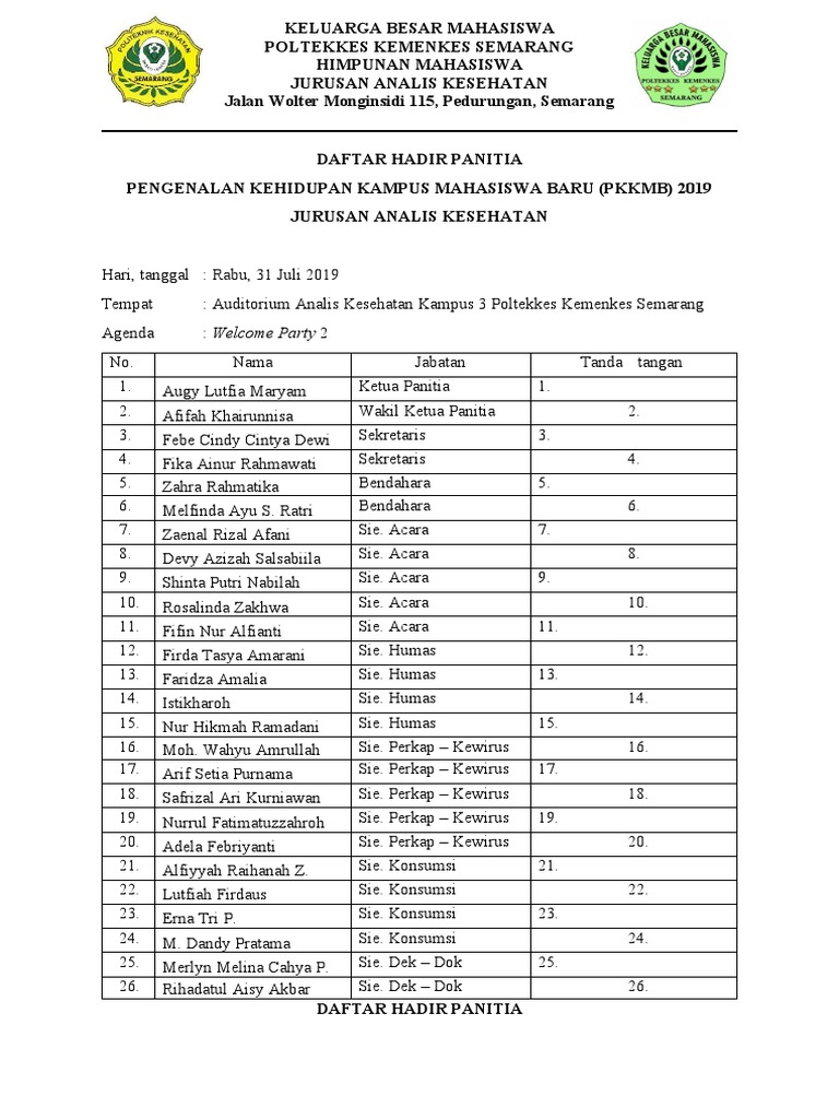 Presensi Panitia PKKMB 2019 | PDF
