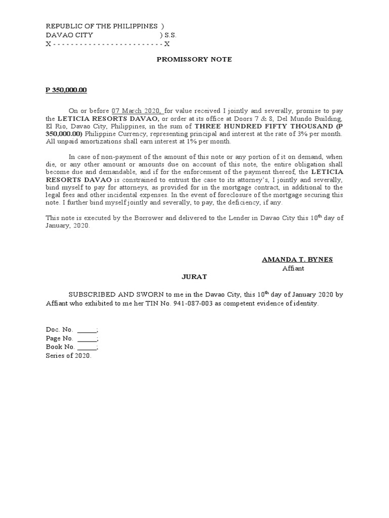 Promissory Note: 350,000.00) Philippine Currency, Representing ...