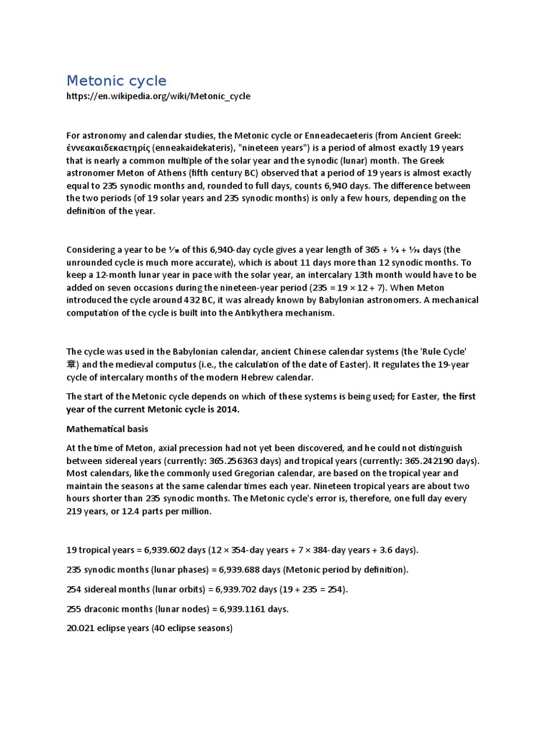 Metonic 19 Year Cycle Details Wiki | PDF | Bodies Of The Solar System ...