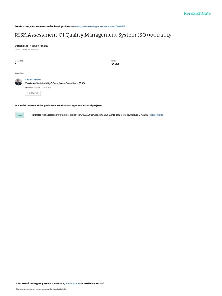 RISK Assessment of Quality Management System ISO 9001:2015: November ...