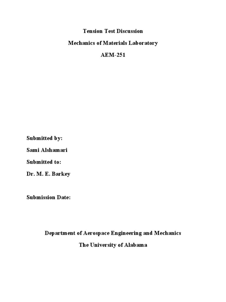 Tension Test Discussion Mechanics of Materials Laboratory AEM-251 | PDF ...