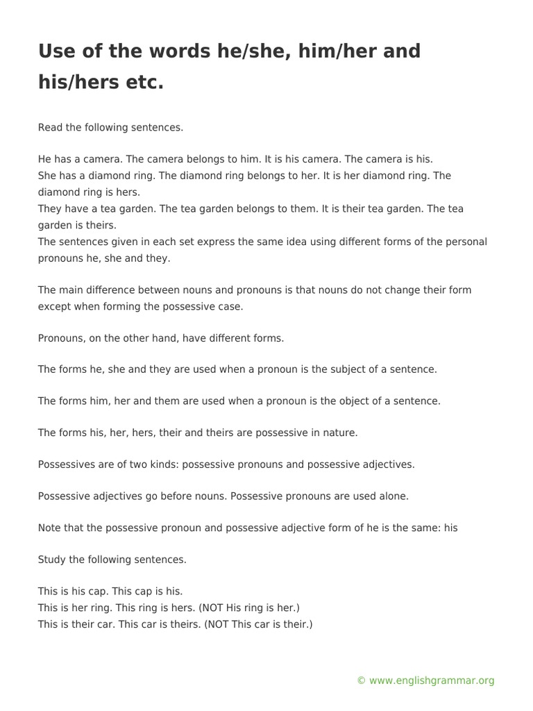 Use of The Words He - She, Him - Her and His - Hers Etc. | PDF