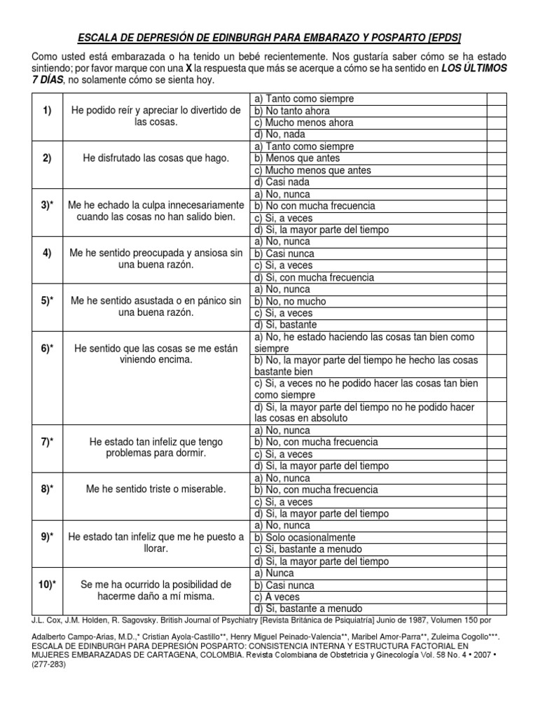 Escala de Depresión de Edinburgh para Embarazo y Posparto PDF | PDF ...