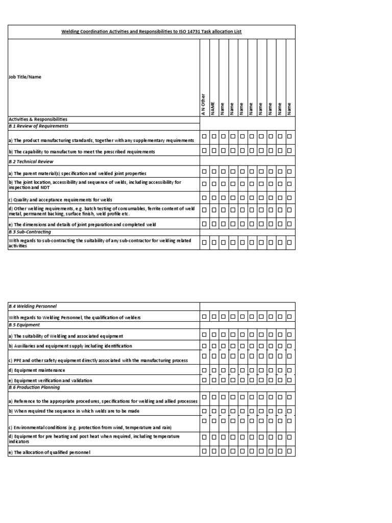 Welding Coordination Activities and Responsibilities To ISO 14731 Task ...