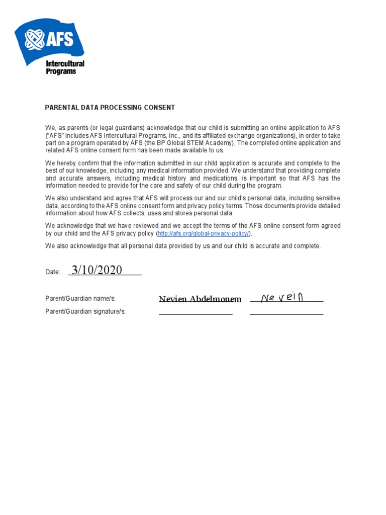 Parental Consent for AFS Data Processing | PDF