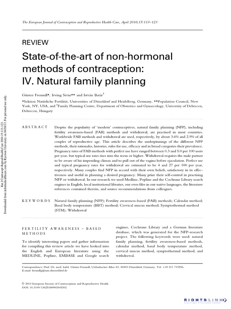 State-Of-The-Art of Non-Hormonal Methods of Contraception: IV. Natural ...