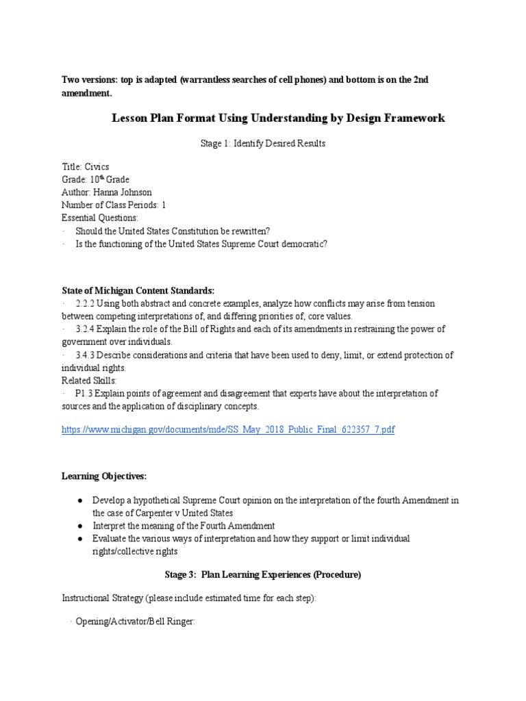 Lesson Plan Format Using Understanding by Design Framework | PDF ...