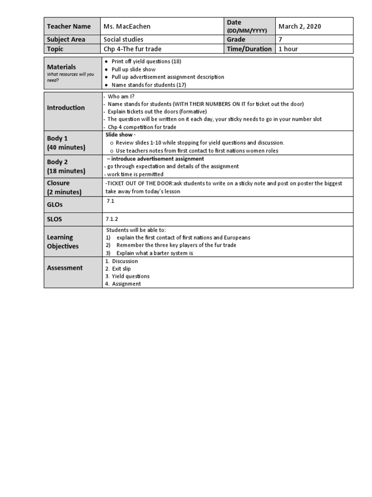 Grade 7 Fur Trade Lesson Plan | PDF | Lesson Plan | Education Theory