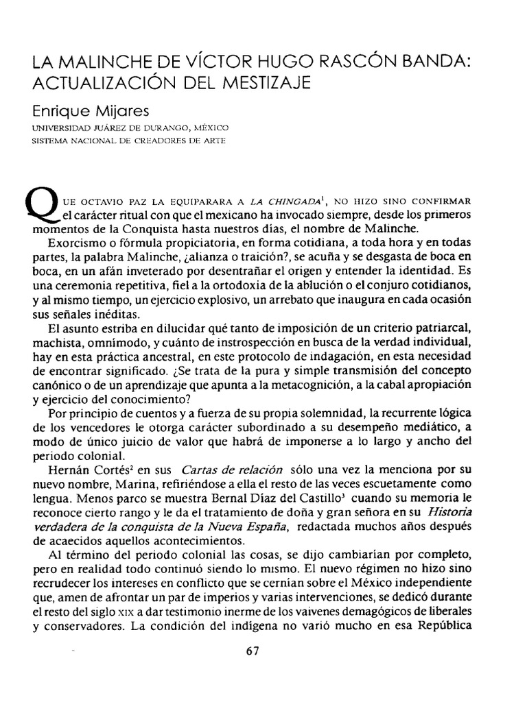 La Malinche de Víctor Hugo Rascón Banda Actualización Del Mestizaje | PDF