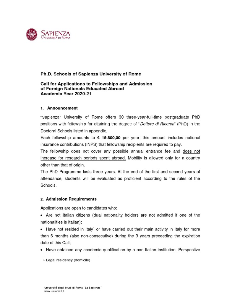 Call For Admission 2020 Per Il Web | PDF | Doctorate | Academic Degree