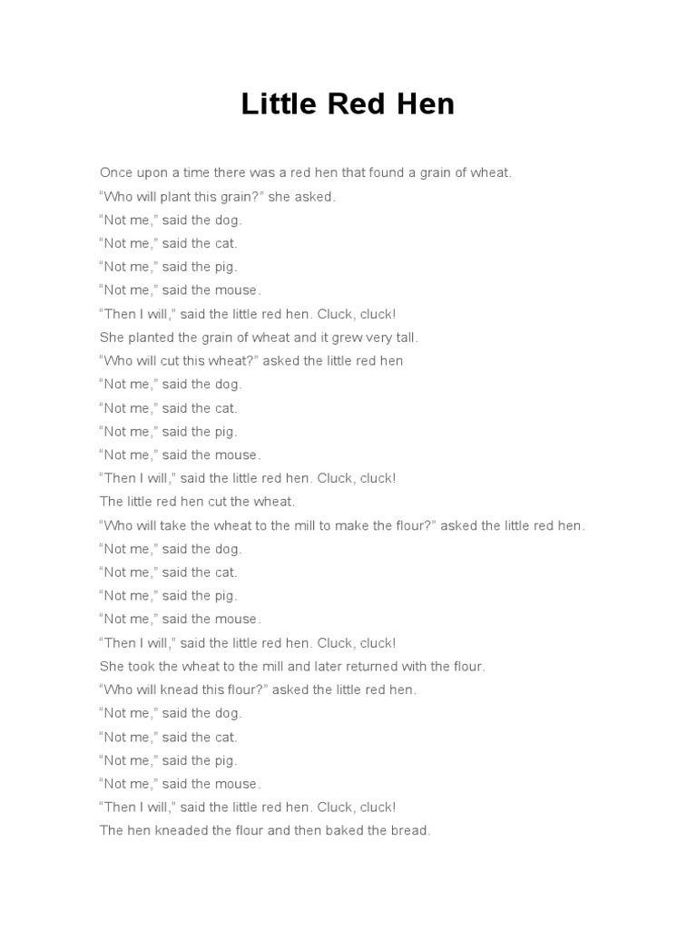 The Little Red Hen's Hard Work Story | PDF | Cooking, Food & Wine