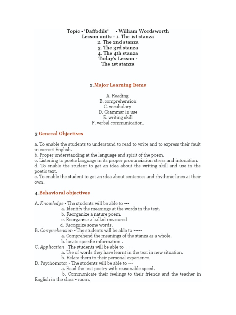 Daffodils Lesson Plan | PDF | Reading Comprehension | Teachers