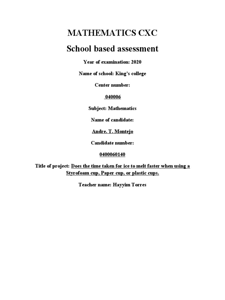 Mathematics CXC School Based Assessment | PDF | Ice | Polystyrene