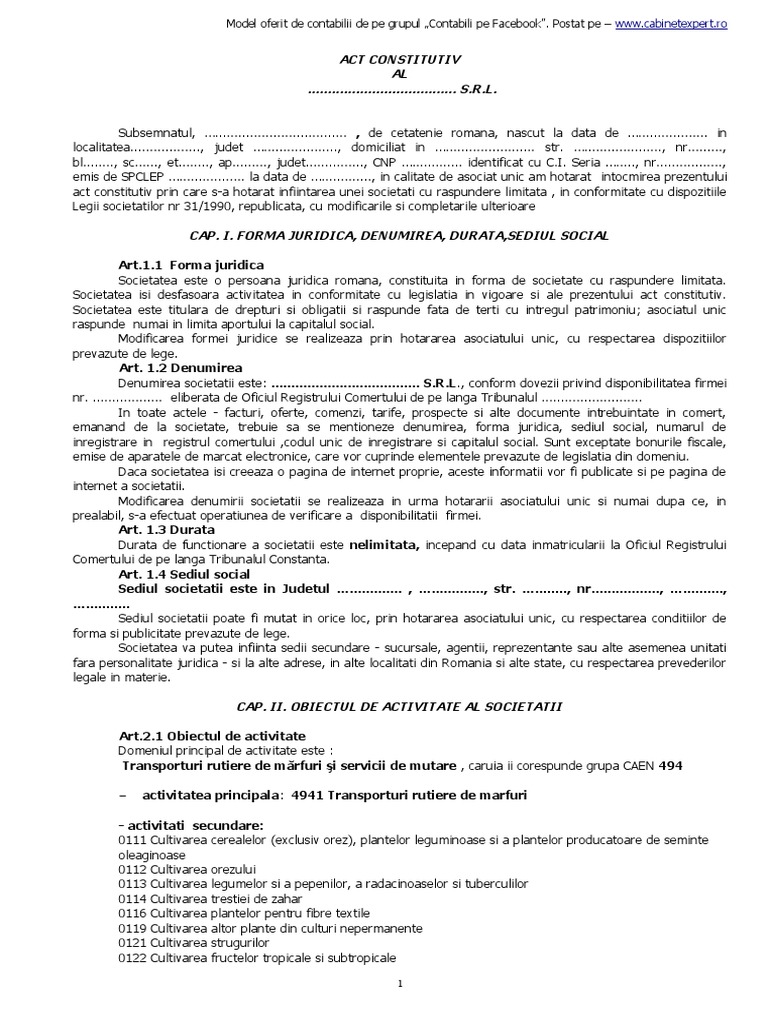 Act Constitutiv Asociat Unic - Model | PDF