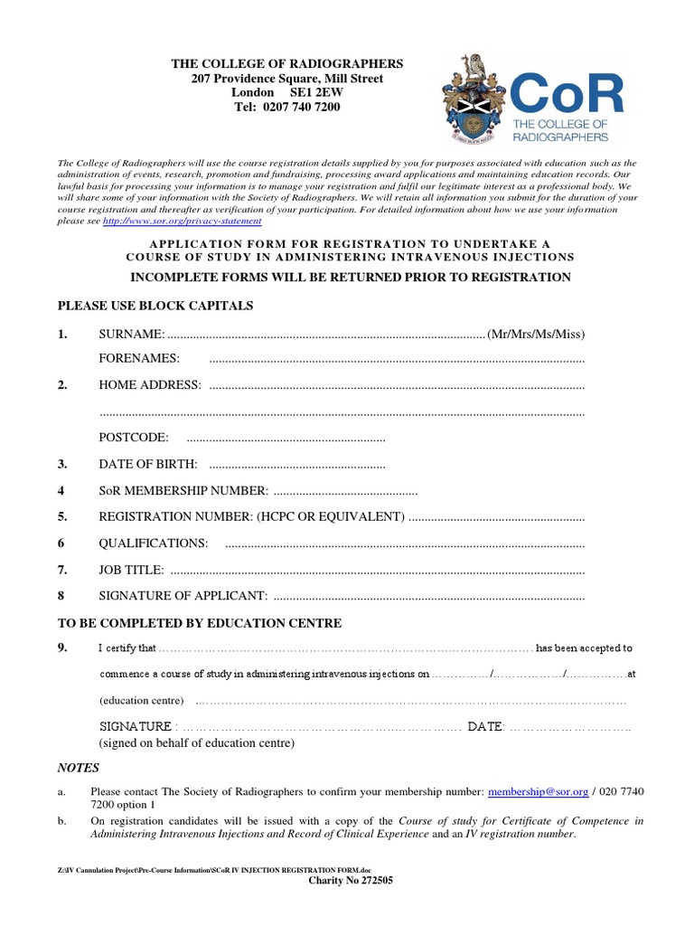 SCoR IV INJECTION REGISTRATION FORM | PDF