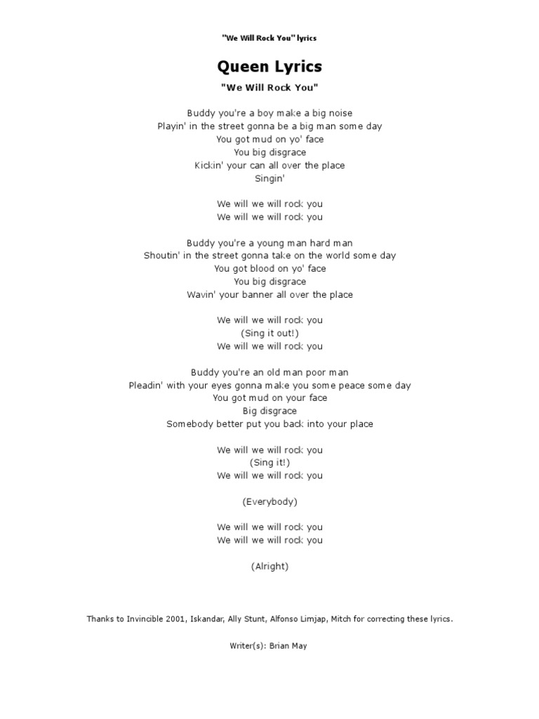Queen - We Will Rock You Lyrics | PDF