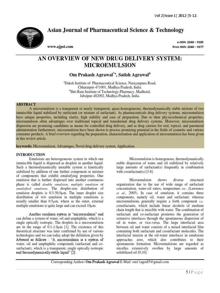 An Overview of New Drug Delivery System Microemulsion PDF | PDF ...