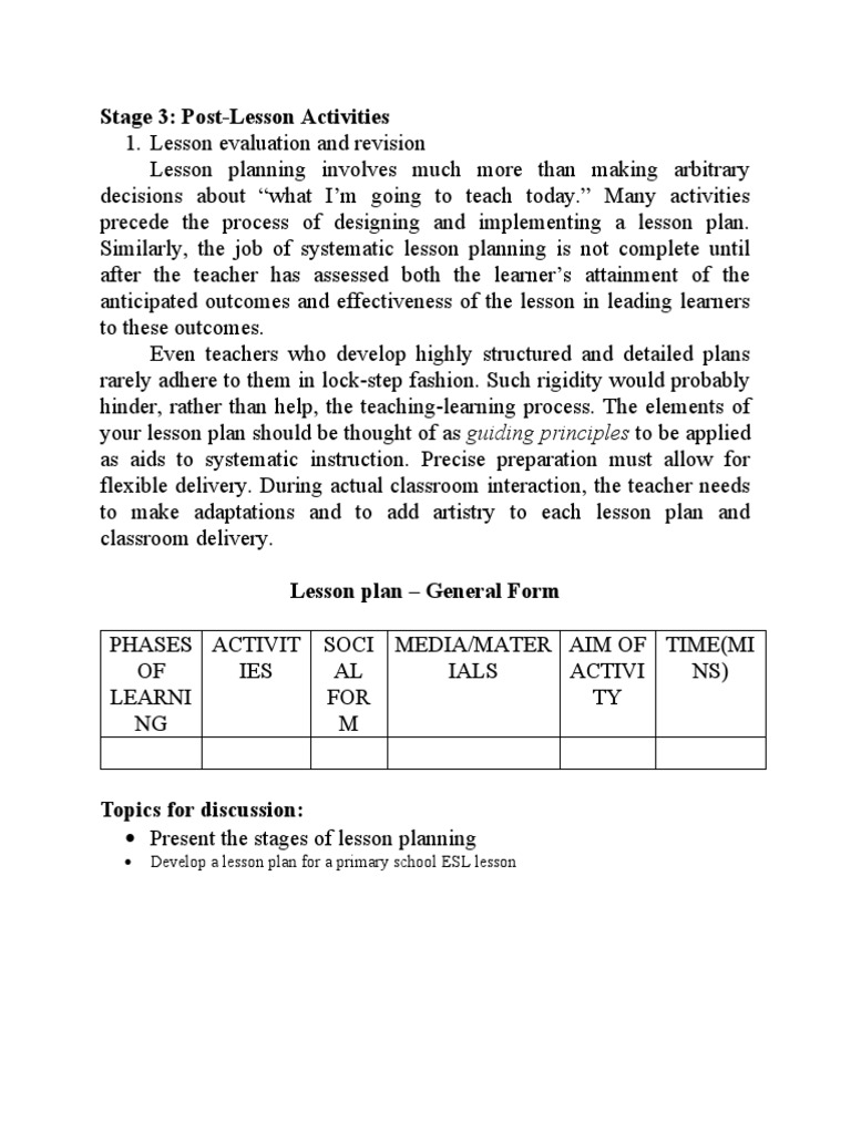Stage 3: Post-Lesson Activities: Develop A Lesson Plan For A Primary ...