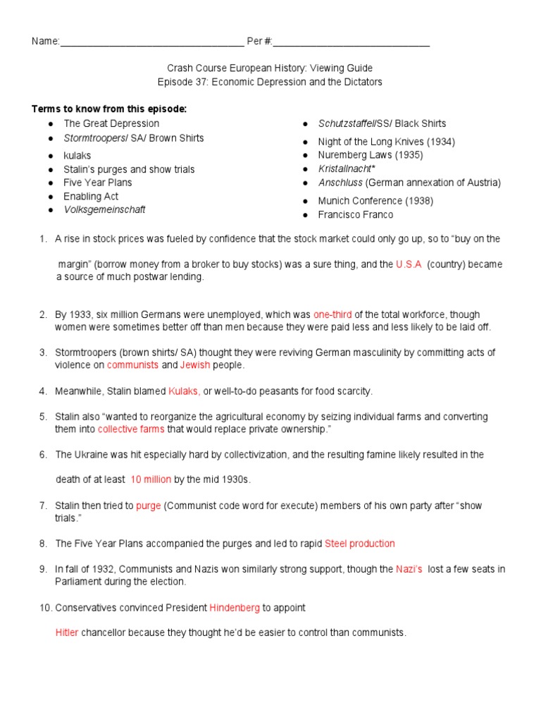 Crash Course European History - Viewing Guide Episode 37 - Economic ...