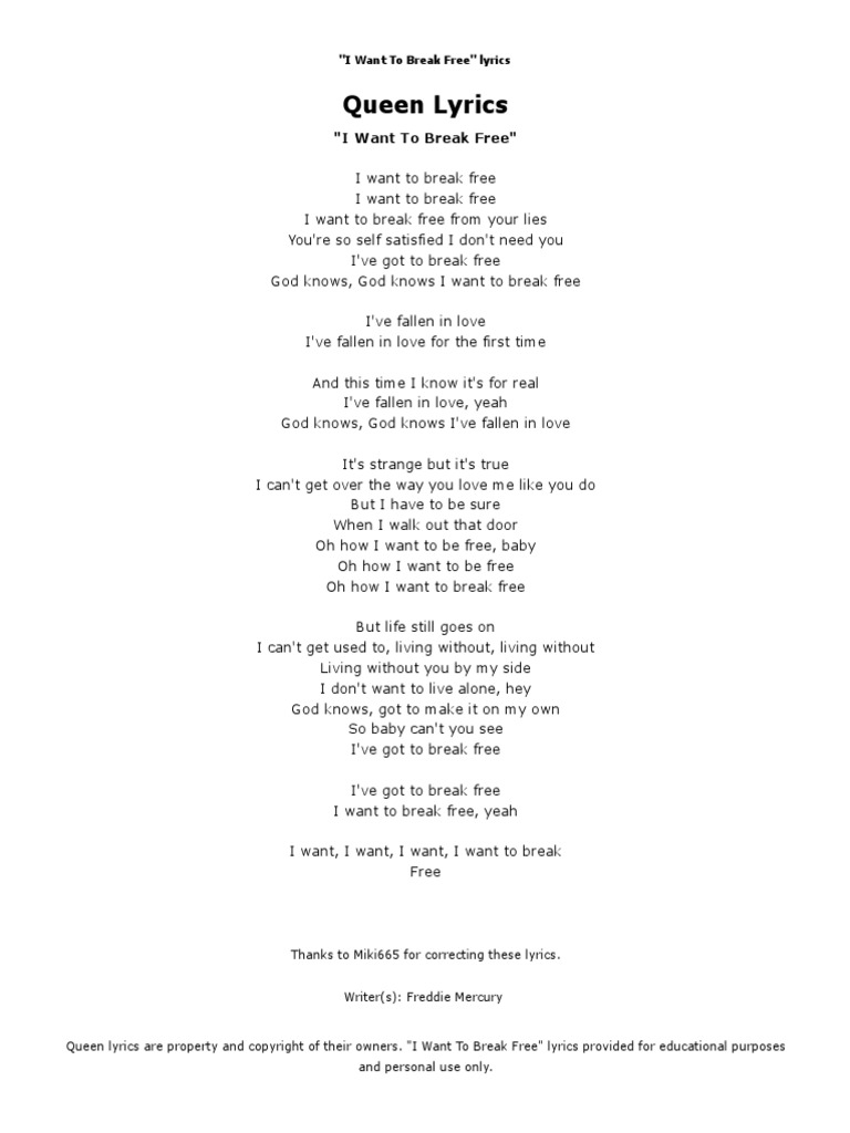 Queen - I Want To Break Free Lyrics | PDF