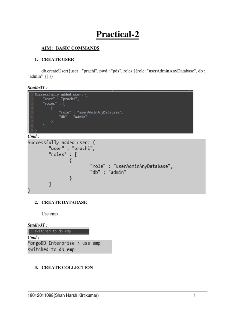 Practical-2: Aim: Basic Commands 1. Create User | Download Free PDF ...