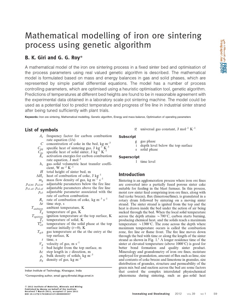 A Mathematical Model of The Iron Ore Sintering Process in A Fixed ...