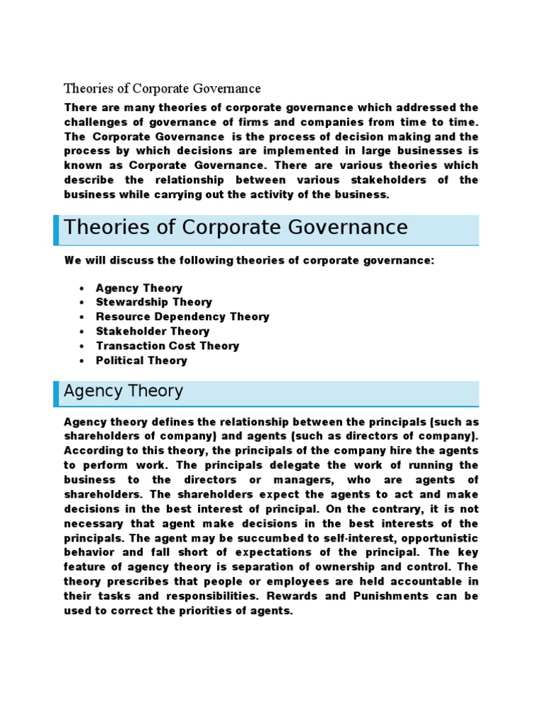 Theories of Corporate Governance | PDF | Corporate Governance | Governance
