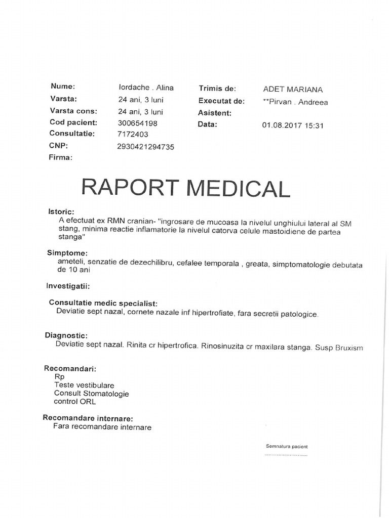Raport Medical ORL Andreea Pirvan 1 August 2017 | PDF