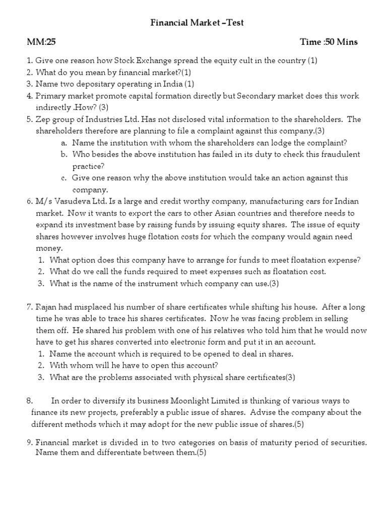 10 New Financial Markets Test | PDF | Financial Markets | Stocks