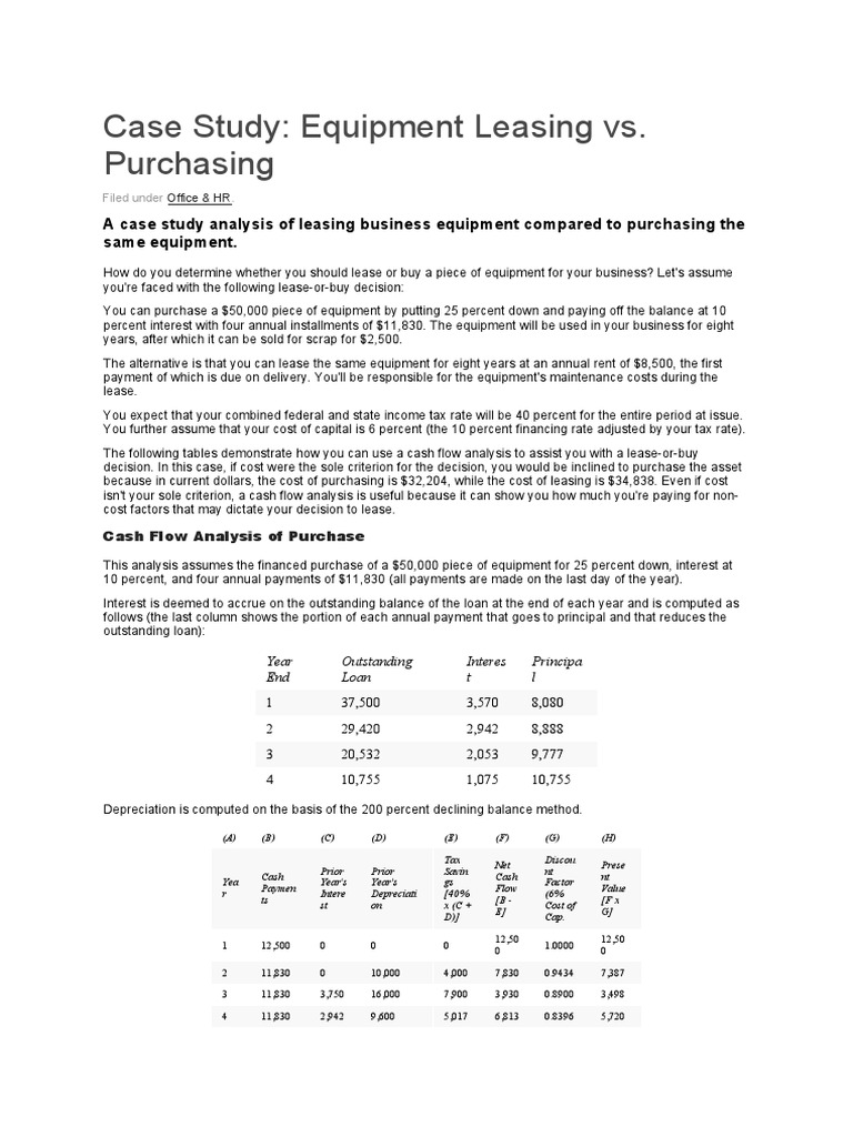 Case Study: Equipment Leasing vs. Purchasing | PDF | Interest ...
