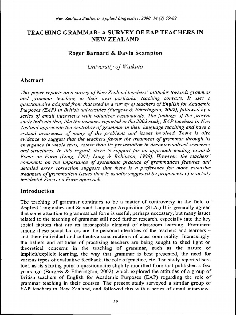 Teaching Grammar: A Survey of Eap Teachers in New Zealand: Roger ...