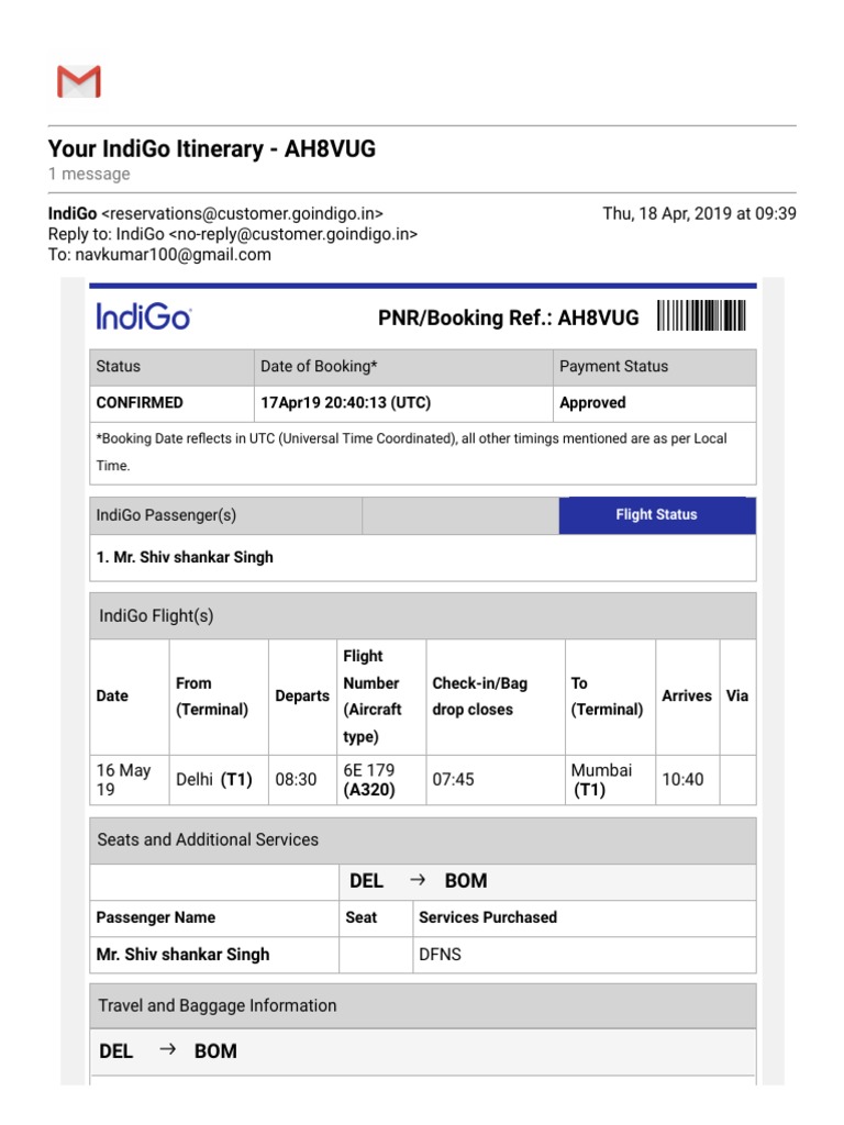 IndiGo Itinerary - AH8VUG PDF | PDF | Baggage | Aviation