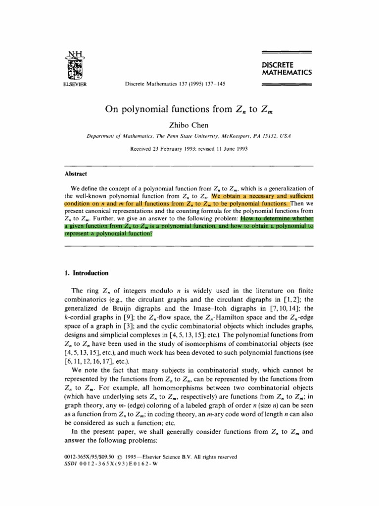 On Polynomial Functions From Z. To ZM | PDF | Combinatorics | Polynomial