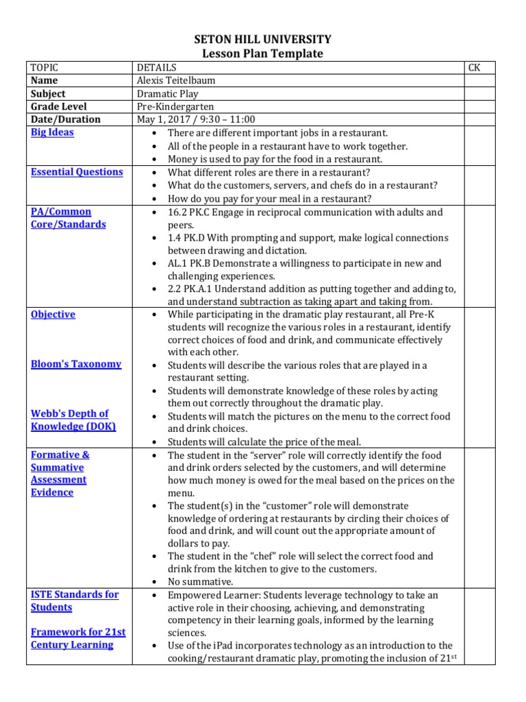 Dramatic Play Lesson Plan | PDF | Restaurants | Menu