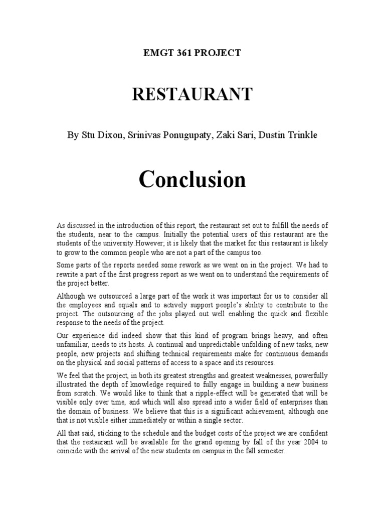 Conclusion: Restaurant | PDF