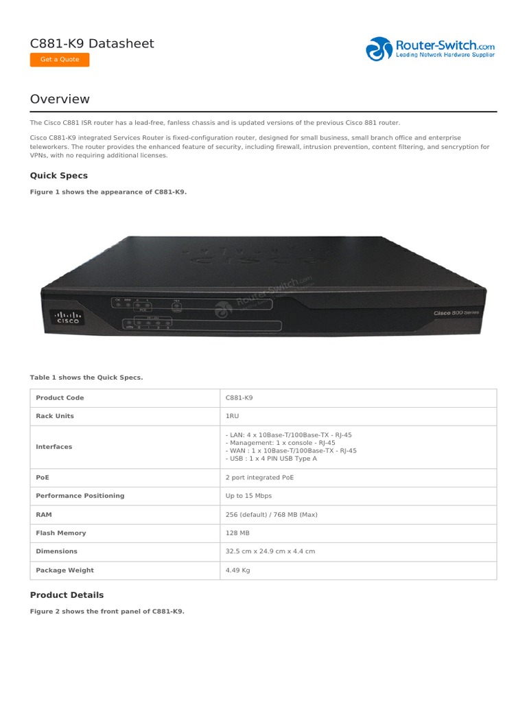 C881-K9 Datasheet: Quick Specs | PDF | Router (Computing) | Cisco Systems