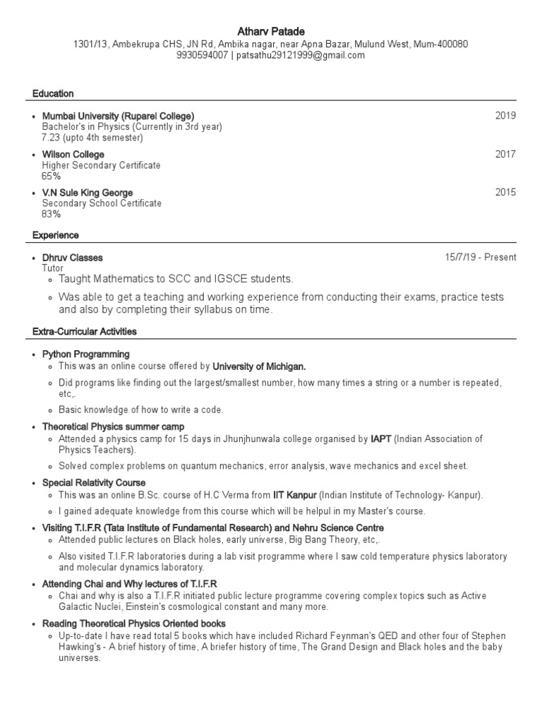 Physics Student Resume and Achievements | PDF | Physics | Astronomy