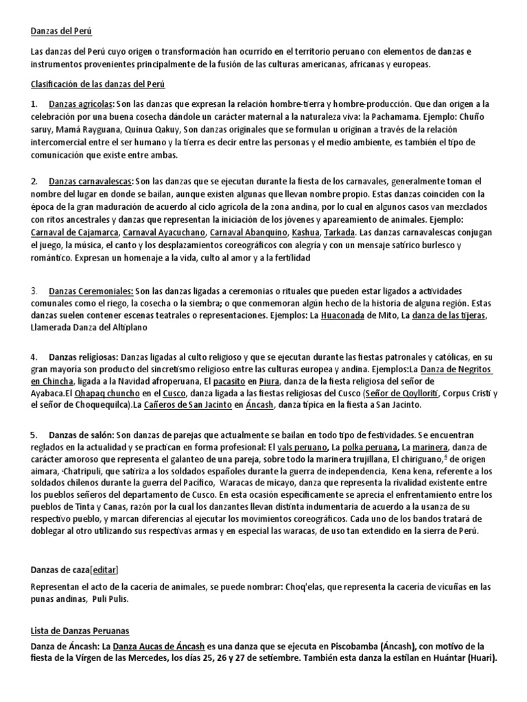 Danzas Del Perú Pdf Las Artes Escénicas Bailes