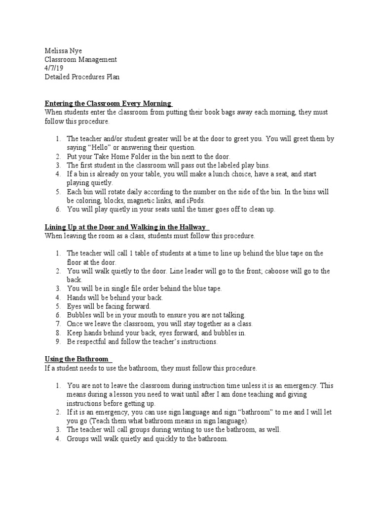 Detailed Procedures Plan | PDF | Classroom | Teachers