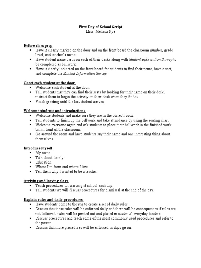First Day of School Script | Download Free PDF | Classroom | Teachers