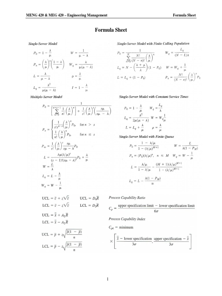 MENG 420 & MEG 420 - Engineering Management Formula Sheet | PDF