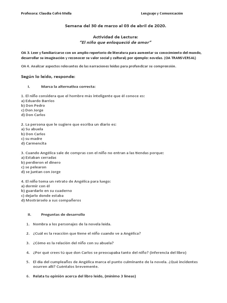 Actividad de Lectura: "El niño que enloqueció de amor" | PDF | Ciencias ...