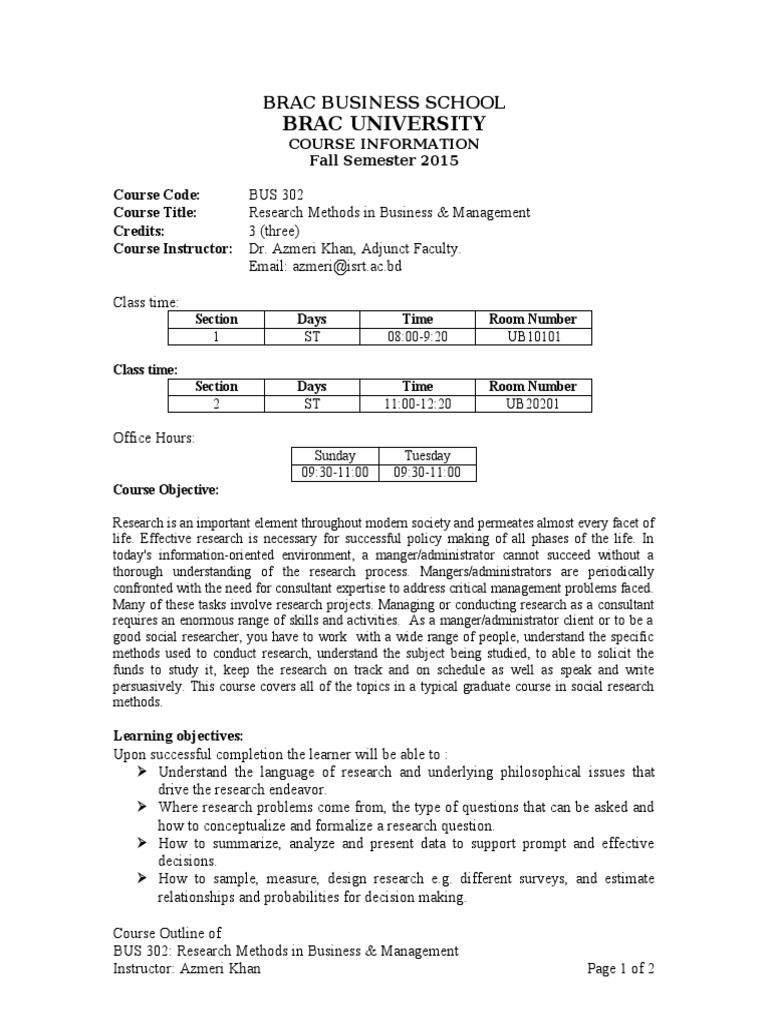 Course Outline - BUS302 Research Methods - BRAC University | PDF ...