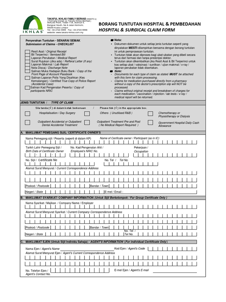 Hospital & Surgical Claim Form: Borang Tuntutan Hospital & Pembedahan ...