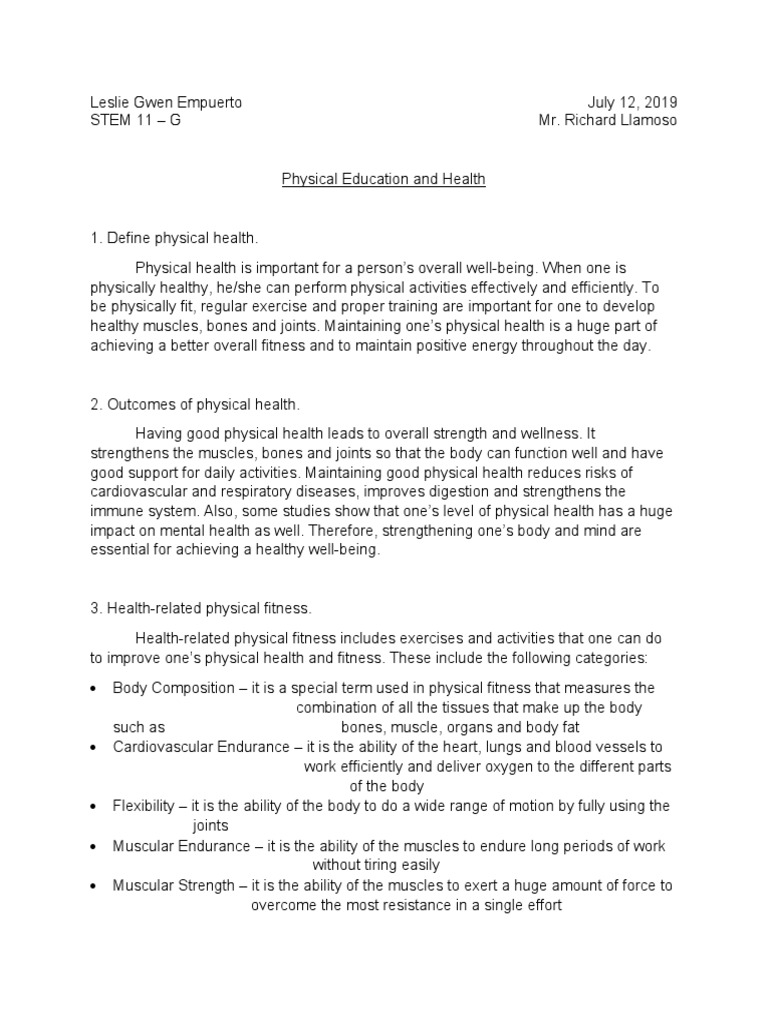 Physical Education Assignment | PDF | Physical Fitness | Human Body