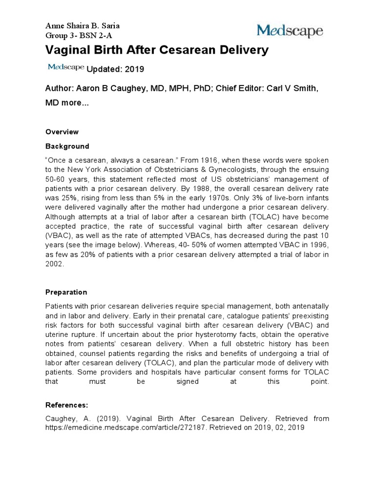 Vaginal Birth After Cesarean Delivery | PDF | Caesarean Section ...