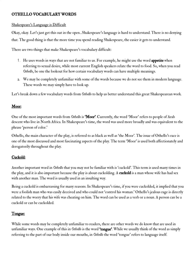 Othello Vocabulary Guide | PDF | Vocabulary | Othello